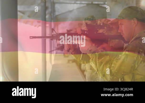 Male soldier lifting rifle and firing rounds with casings ejecting for ...