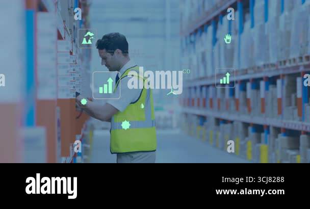 Warehouse worker selecting box scanning codes capturing metrics while ...