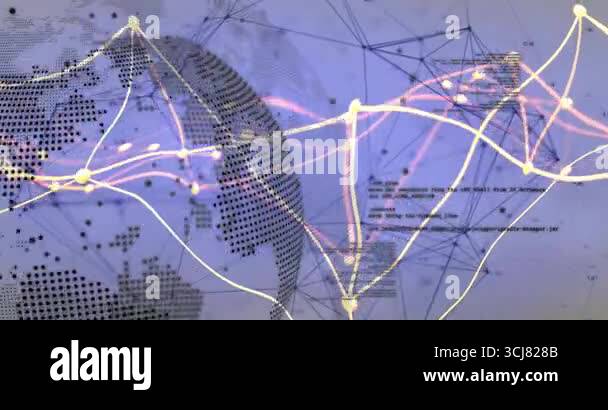 On rotation start dotted globe displaying glowing trails linking nodes visualizing global data ...