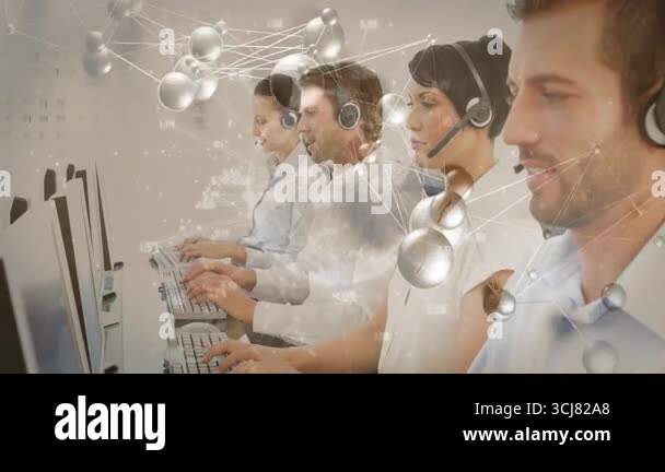 static shot launching network overlay four call center agents typing speaking enhancing workflow ...