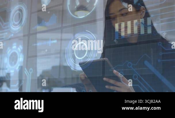 Data woman in tech holding tablet scanning emerging dashboard and ...