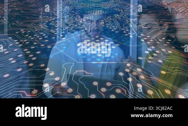 Man opening laptop as woman leaning in, circuit animating glowing nodes across experts in tech ...