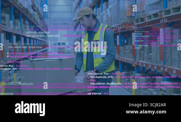 Warehouse worker approaching pallet lifting box with barcode overlay and stacking for alignment ...