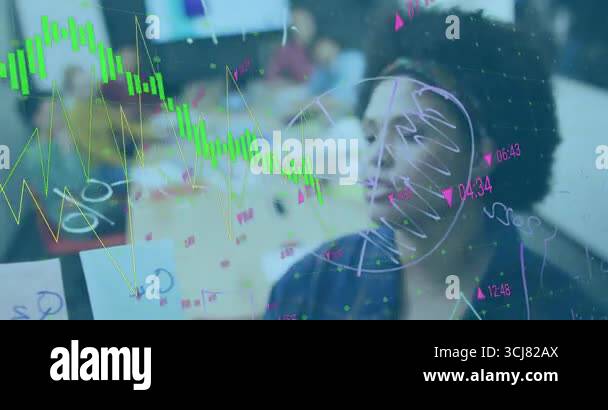 woman using marker sketching pie chart on board, graphs illustrating business data engaging team ...