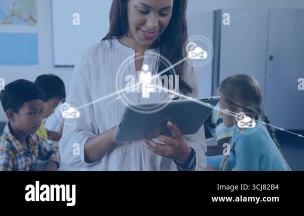 Teacher tapping tablet and building network linking user and cloud ...