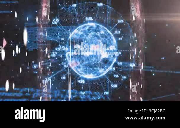 Wireframe sphere forming, generating labels, activating columns, pulsing rings visualizing data ...