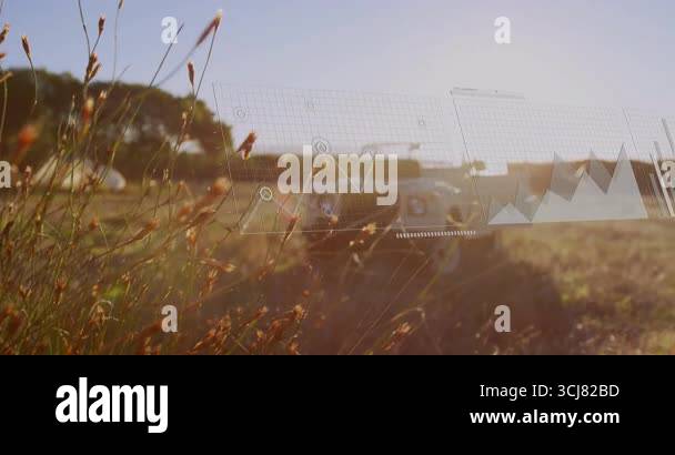 Camera panning grasses and SUV while grid appearing, building graphs ...