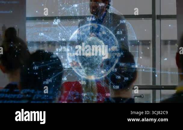 Male presenter raising microphone in tech conference activating digital globe for business ...