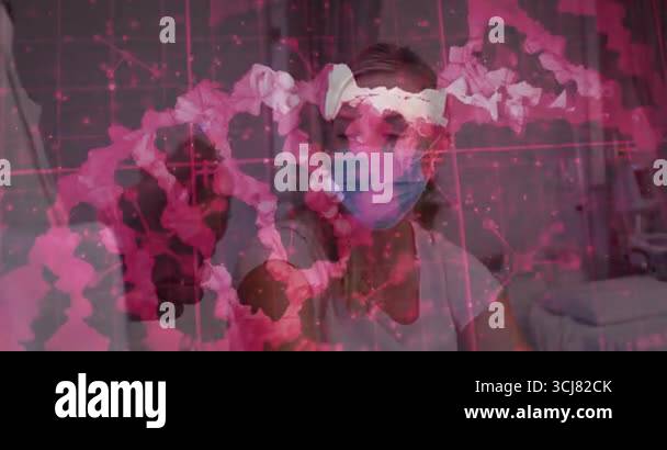 DNA helix sliding in and rotating above patient mask while woman ...