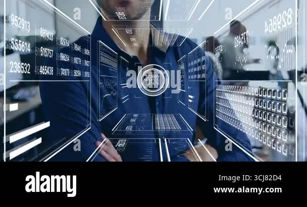 Mid adult man facing camera tech office starting 3D grid morphing into circular HUD scanning ...