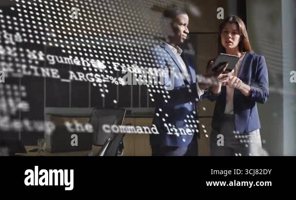 Man holding tablet while woman tapping screen, overlay shifting code and world map for code ...