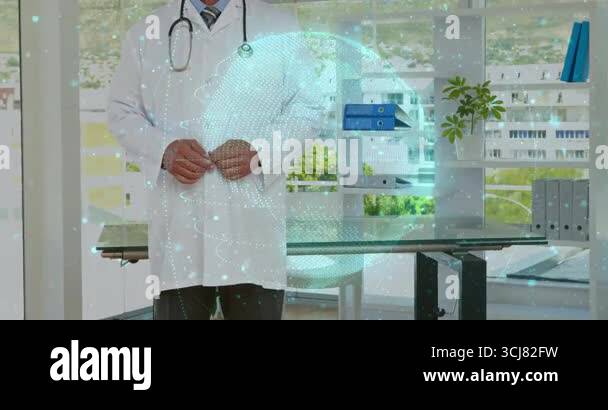 male doctor standing with stethoscope, forming glowing holographic globe visualizing health data ...