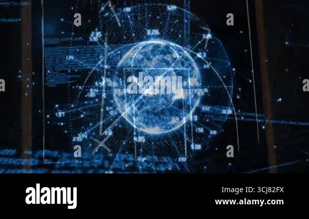 On start 3D globe rotating with floating numeric labels, emerging mesh and code blocks showing ...