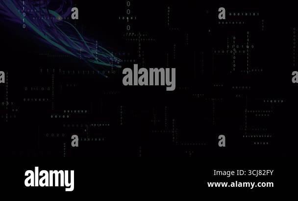 Binary digits drifting then emerging teal strand blending into purple ribbon showing data flow ...