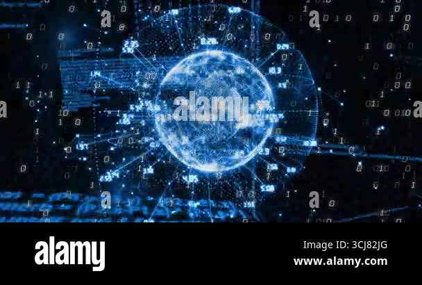 Luminous globe materializing and rotating with radiating nodes, streaming binary to show data ...