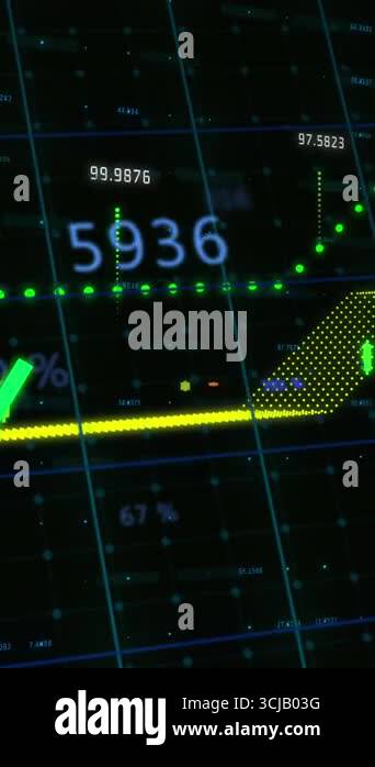 Animation of statistical and financal data processing over grid network against blue background ...