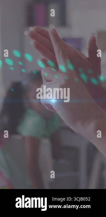 Animation of light moving over midsection of senior caucasian woman using walking with binary ...