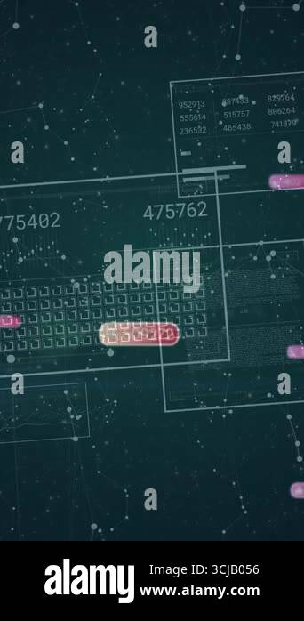Floating numbers and digital animation with keyboard schematics over starry background ...