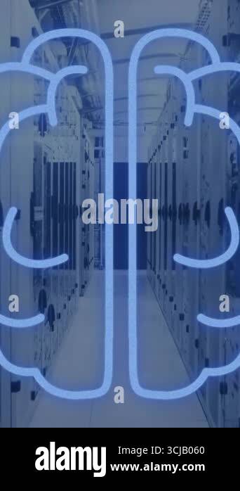 Animation of human brain and data processing over computer servers. Global connections ...