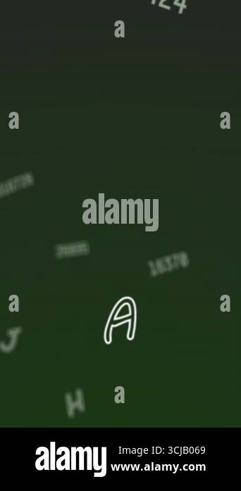 Animation of numbers and letters changing on green background. learning ...