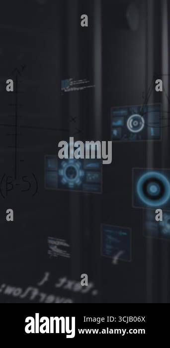 Animation of round scanners, data processing and mathematical equations against server room ...