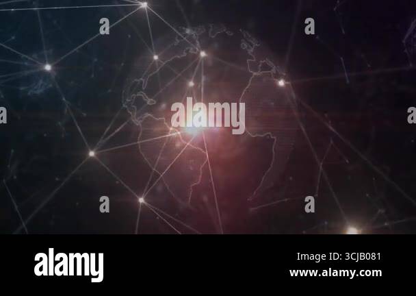 Glowing points forming lines into wireframe globe rotating and emitting flare visualizing ...