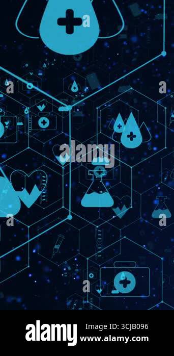 Animation of icons and scientific data processing on dark background ...