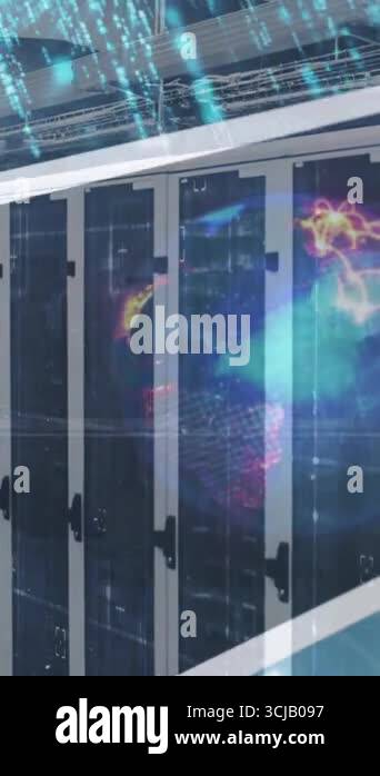 Animation of computer servers and data processing on screens. global ...