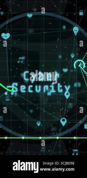 Animation of graphs, cyber security, key and connections on black background. Data safety ...