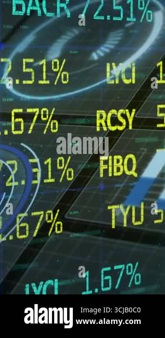 Animation of financial data processing and screens over dark background ...