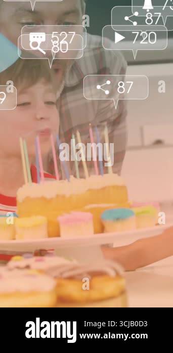 Animation of falling icons over happy caucasian family spending time ...