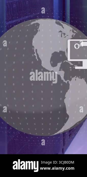 Animation of communication icons and globe over computer server room. Global communication ...
