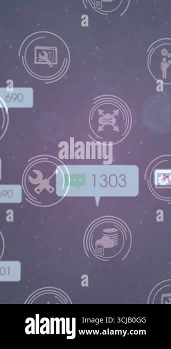 Animation of network of social media icons and numbers. global social media, connections and ...