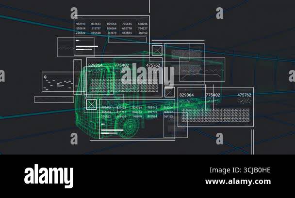 After grid appearing, green wireframe truck projecting numeric panels ...