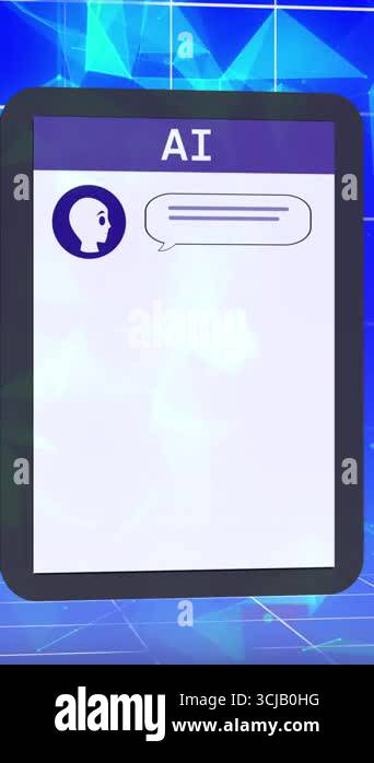 Animation of ai chat and data processing over tablet screen and grid. Global artificial ...