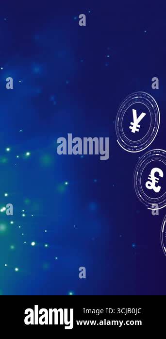 Animation of currency symbols over light spots on blue background ...