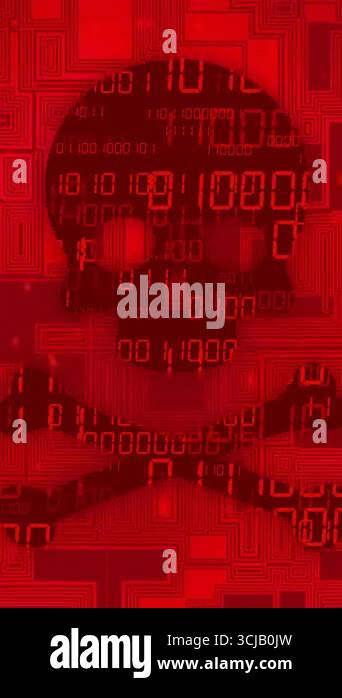 Skull and crossbones with binary code over red digital circuit background. Cybersecurity ...