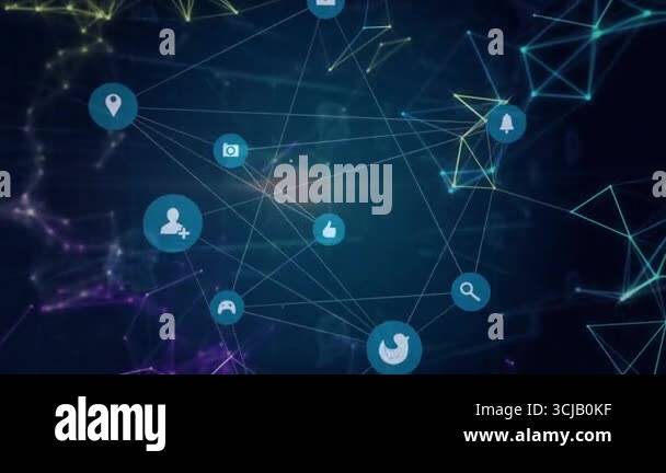 Neon particles swirling starting icons joining rotating network around ...