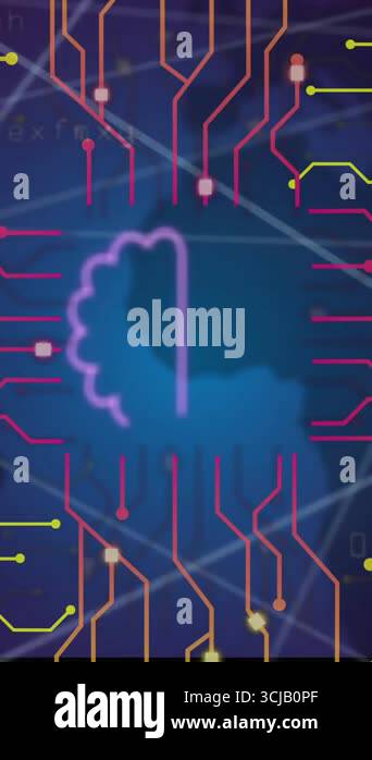 Animation of ai chat and data processing over circuit board background. Global artificial ...