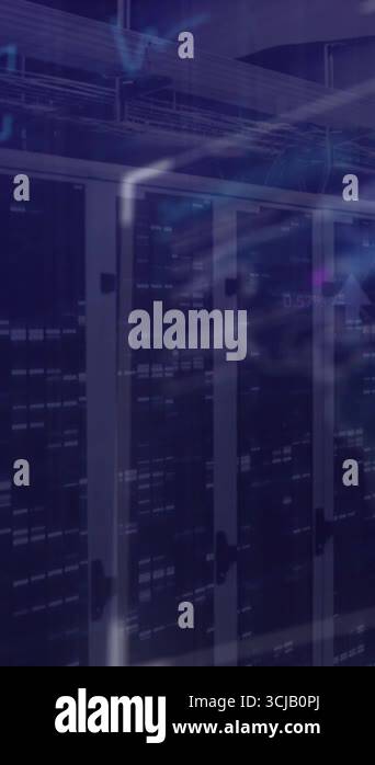 Animation of data processing over server room. Global technology, computing and digital ...