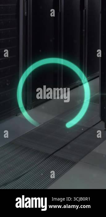 Animation of loading circle and spots over server room. Global business ...