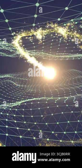 Animation of digital fireworks moving over dots interconnecting with lines and forming triangles ...