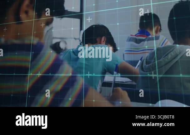 Students writing as camera panning triggers grid capturing teen glancing and smiling in ...