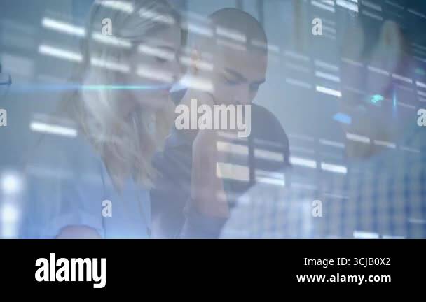 Woman tapping laptop screen initiating genomic data overlay as ...