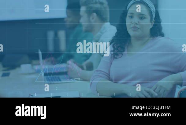 Woman leaning forward raising hands to present business data as ...