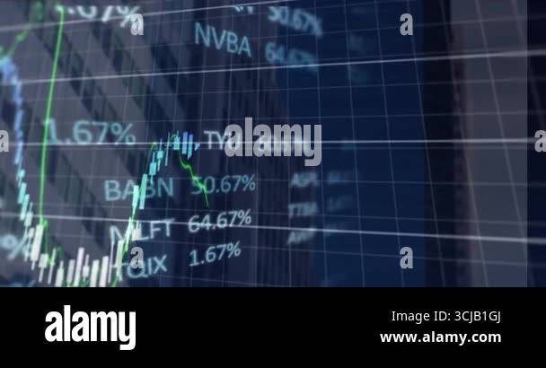 A stock market display with green, pink, and blue stock market tickers ...