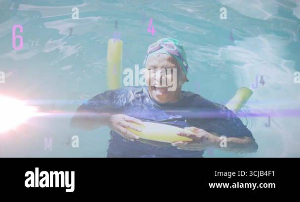 Sunlight flaring pink-purple graphics circling swimmer bobbing with ...