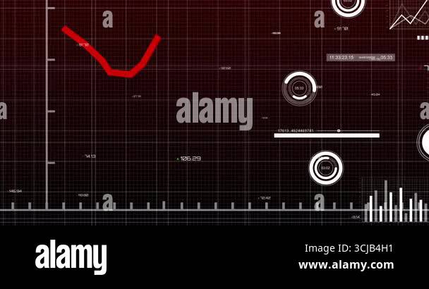 Starting red fluctuating line graph while white gauges spinning and ...