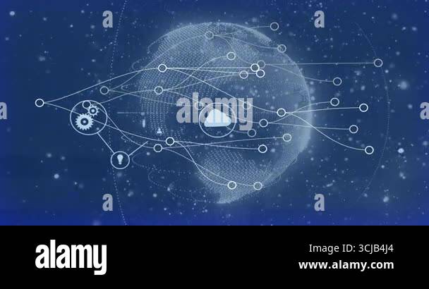 Initiating blue background with data, animating icons linking wireframe Earth showing data ...
