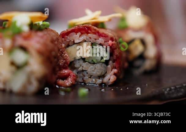 Close-up of luxurious Wagyu beef rolls served in a Japanese restaurant ...